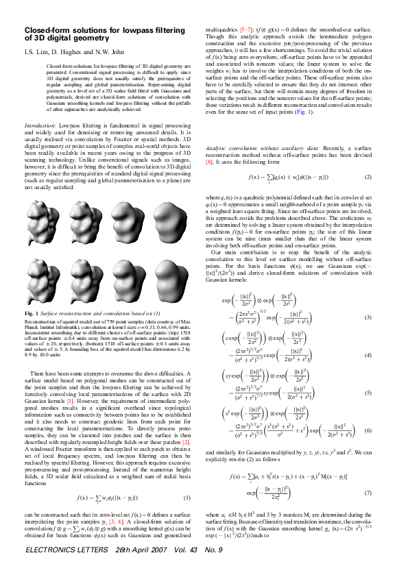 (PDF) Closed-form solutions for lowpass filtering of 3D digital geometry