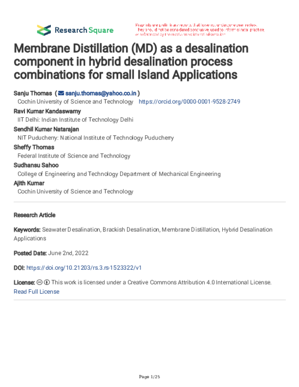 (PDF) Membrane Distillation (MD) as a desalination component in hybrid ...