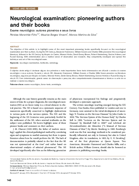 (PDF) Neurological examination: pioneering authors and their books
