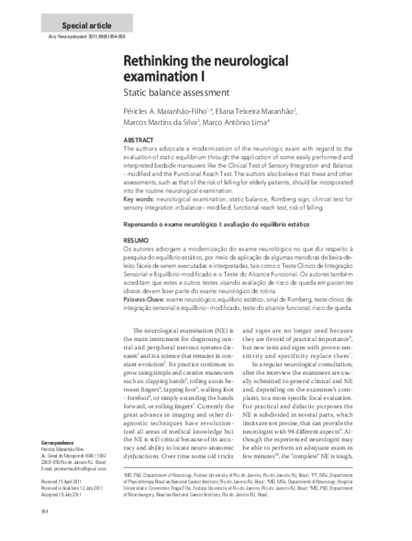 (PDF) Rethinking the neurological examination I: static balance assessment