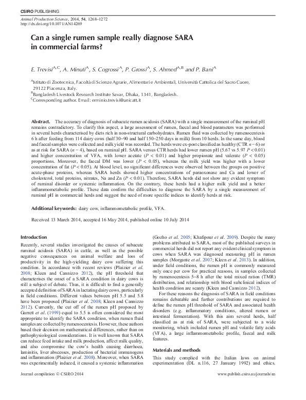 Pdf Can A Single Rumen Sample Really Diagnose Sara In Commercial Farms