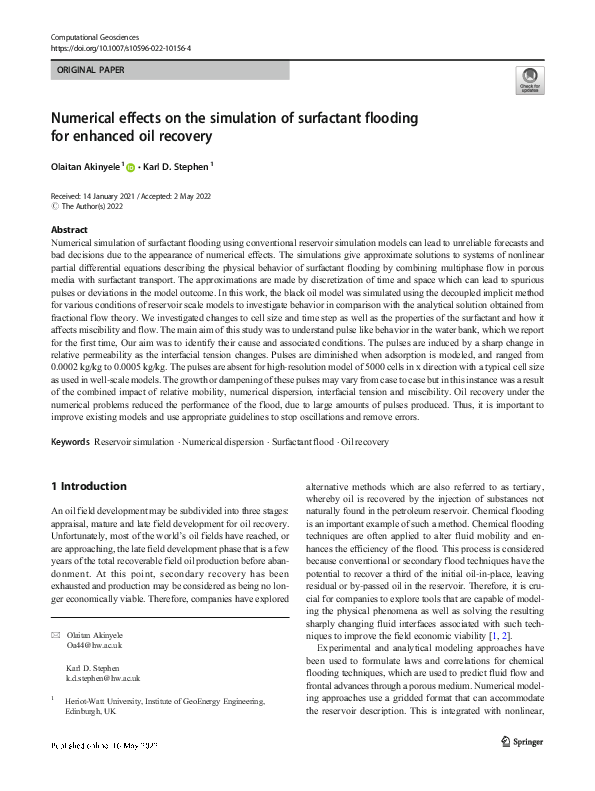 (PDF) Numerical effects on the simulation of surfactant flooding for enhanced oil recovery