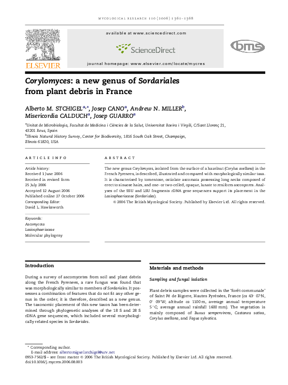 (PDF) Corylomyces: a new genus of Sordariales from plant debris in France