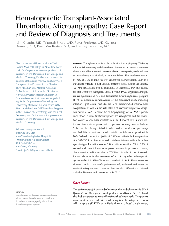 (PDF) Hematopoietic Transplant-Associated Thrombotic Microangiopathy: Case Report and Review of ...