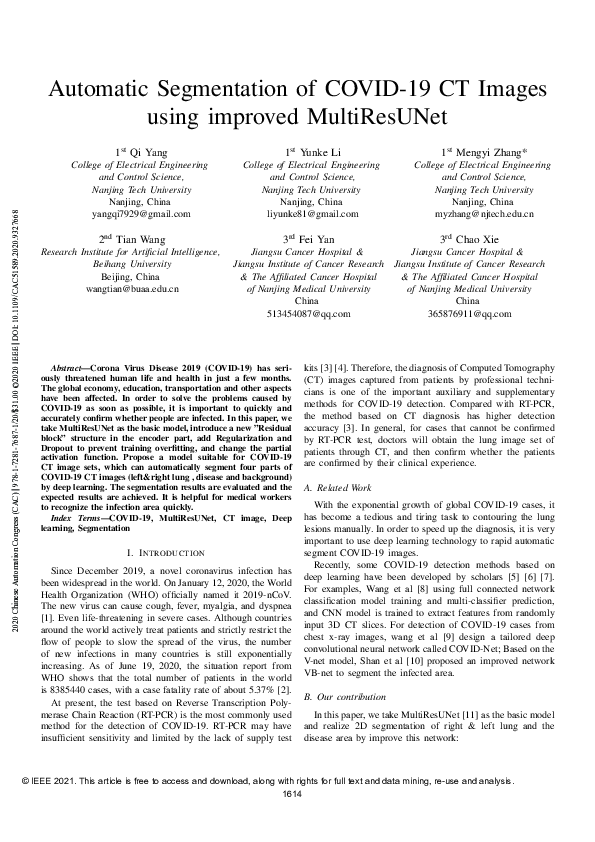 (PDF) Automatic Segmentation of COVID-19 CT Images using improved MultiResUNet