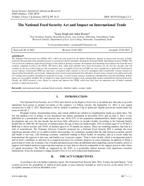 (PDF) The National Food Security Act and Impact on International Trade