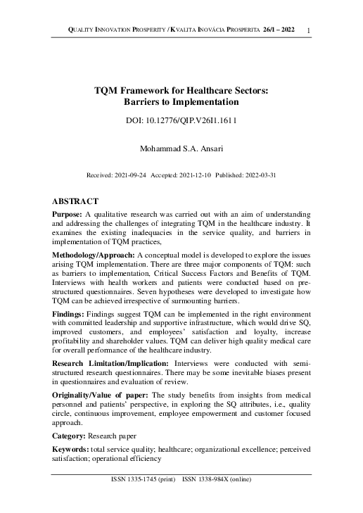 (PDF) TQM Framework for Healthcare Sectors: Barriers to Implementation