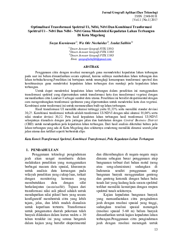 (PDF) Optimalisasi Transformasi Spektral Ui, Ndbi, Ndvi Dan Kombinasi Tranformasi Spektral Ui ...