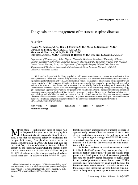 (PDF) Diagnosis and management of metastatic spine disease