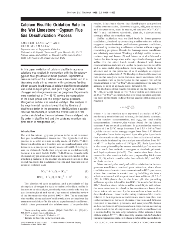 (PDF) Calcium Bisulfite Oxidation Rate in the Wet Limestone−Gypsum Flue ...