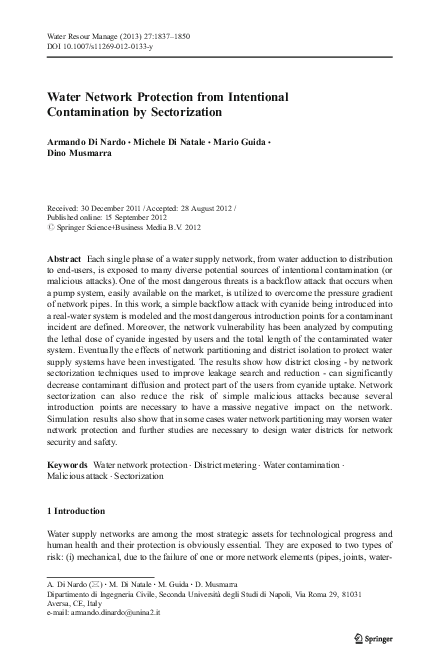(PDF) Water Network Protection from Intentional Contamination by ...