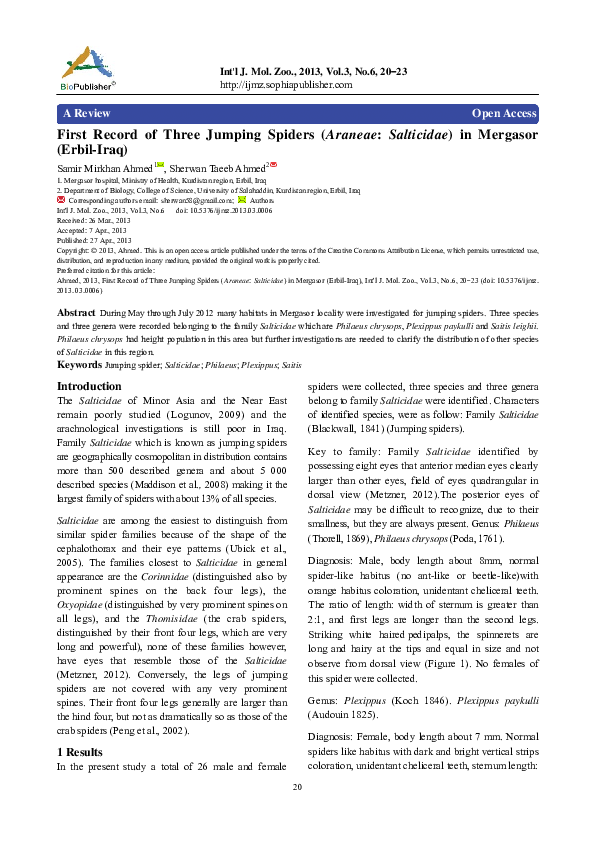 (PDF) First Record of Three Jumping Spiders ( Araneae : Salticidae ) in ...