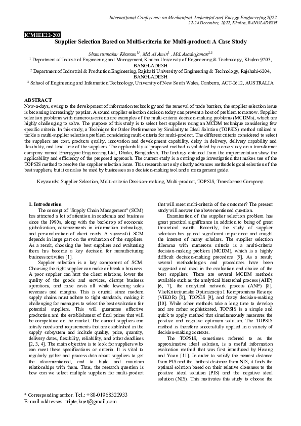 Pdf Supplier Selection Based On Multi Criteria For Multi Product A