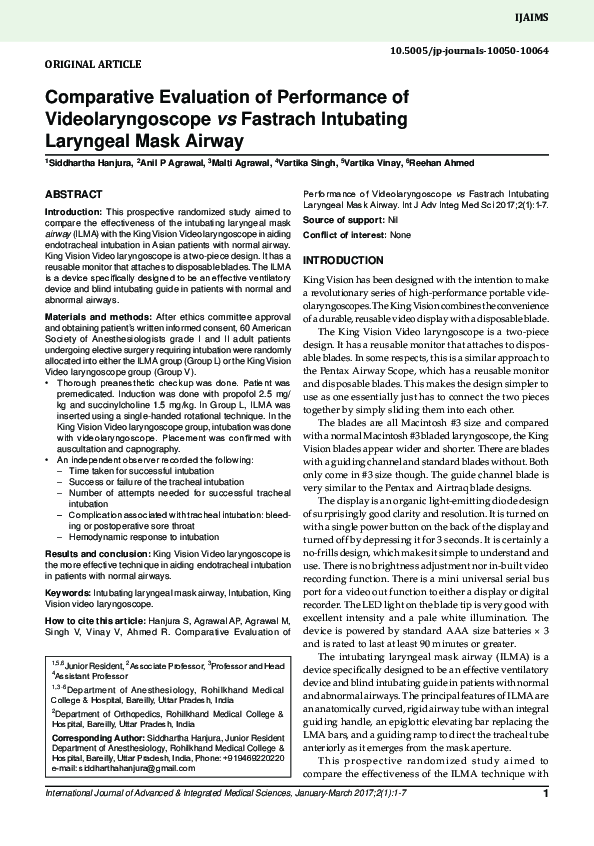 (PDF) Videolaryngoscope vs ILMA Performance in Intubation
