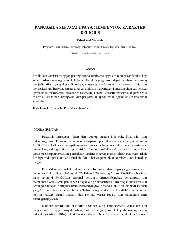 (PDF) PANCASILA SEBAGAI UPAYA MEMBENTUK KARAKTER RELIGIUS