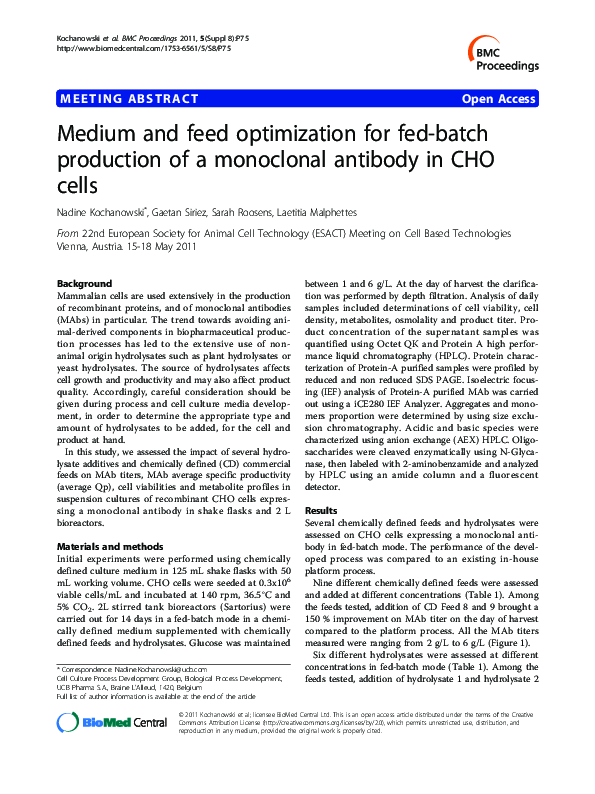 (PDF) Medium and feed optimization for fed-batch production of a monoclonal antibody in CHO cells