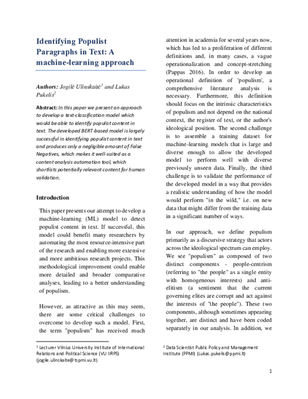 (PDF) Identifying Populist Paragraphs in Text: A machine-learning ...
