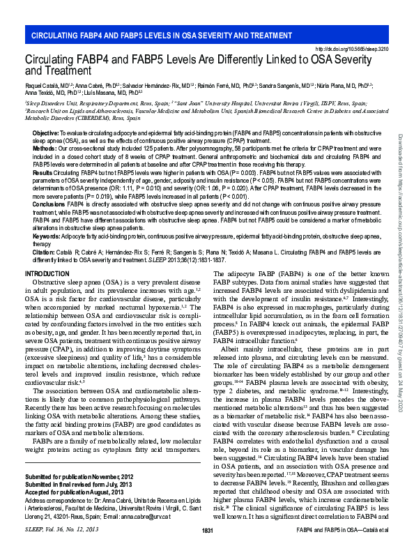 (PDF) Circulating FABP4 and FABP5 Levels Are Differently Linked to OSA Severity and Treatment