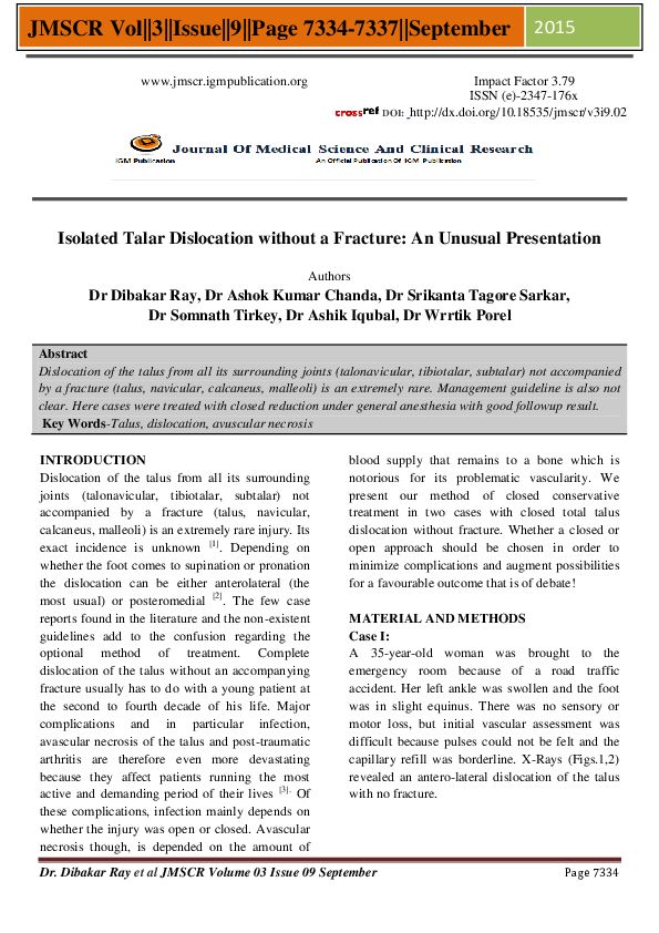 (PDF) Isolated Talar Dislocation without a Fracture: An Unusual Presentation