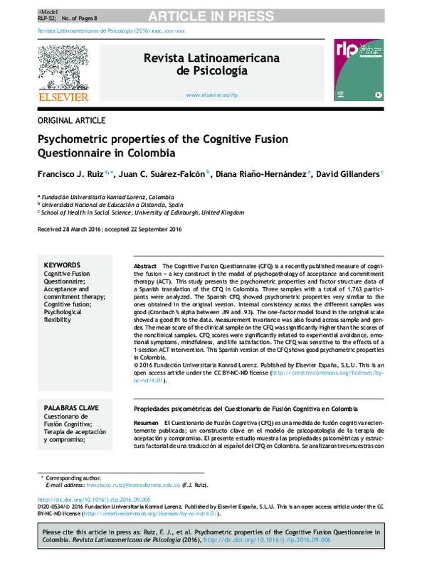 (PDF) The Psychometric Properties of the Cognitive Fusion Questionnaire ...