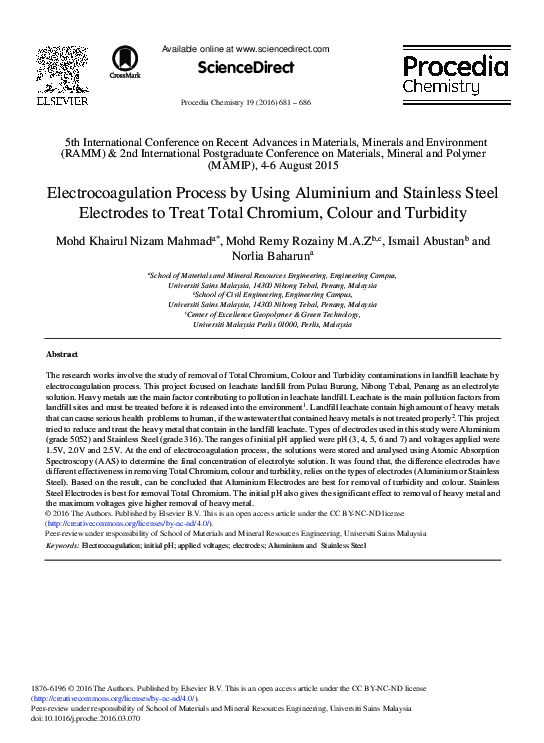 (PDF) Electrocoagulation Process by Using Aluminium and Stainless Steel Electrodes to Treat ...