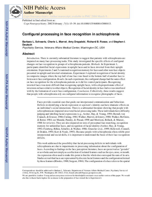 (PDF) Configural processing in face recognition in schizophrenia