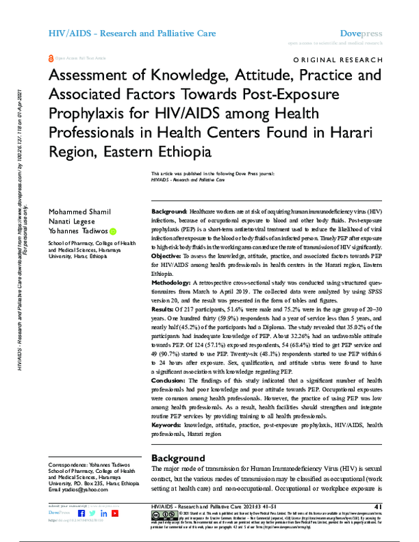 (PDF) Assessment of Knowledge, Attitude, Practice and Associated Factors Towards Post-Exposure ...