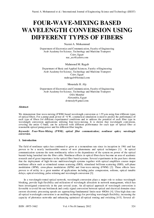 (PDF) Four-Wave-Mixing Based Wavelength Conversion Using Different Types of Fibers