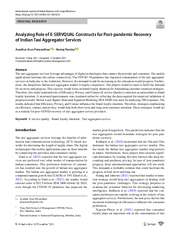 (PDF) Analyzing Role of E-SERVQUAL Constructs for Post-pandemic Recovery of Indian Taxi ...