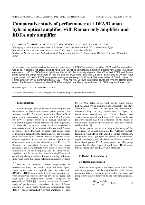 (PDF) Comparative study of performance of EDFA/Raman hybrid optical amplifier with Raman only ...