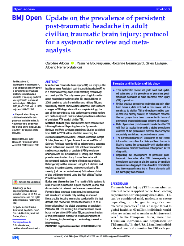 (PDF) Update on the prevalence of persistent post-traumatic headache in adult civilian traumatic ...