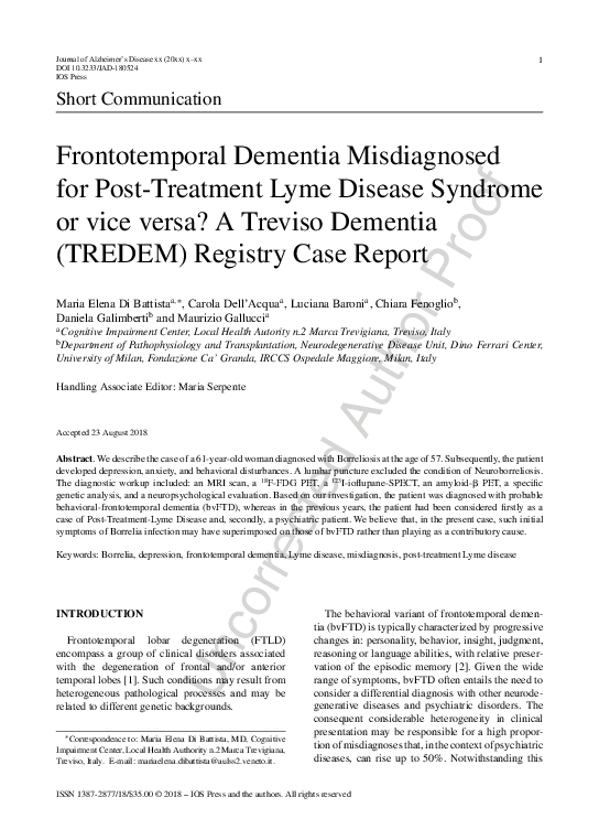 (PDF) Frontotemporal Dementia Misdiagnosed for Post-Treatment Lyme ...