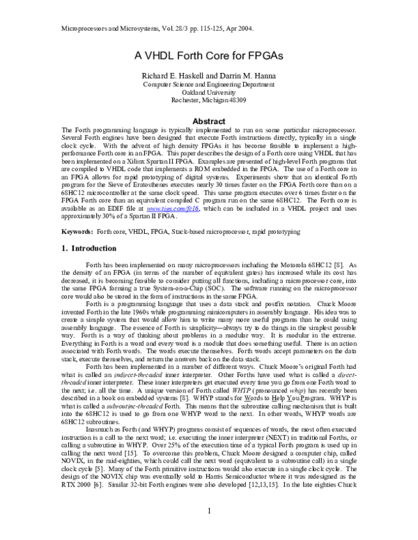 (PDF) A VHDL--Forth Core for FPGAs