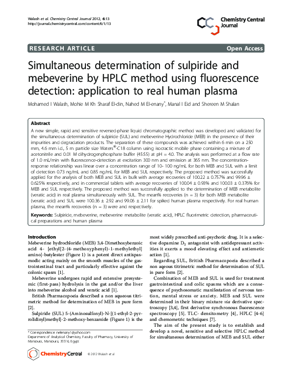 (PDF) Simultaneous determination of sulpiride and mebeverine by HPLC method using fluorescence ...