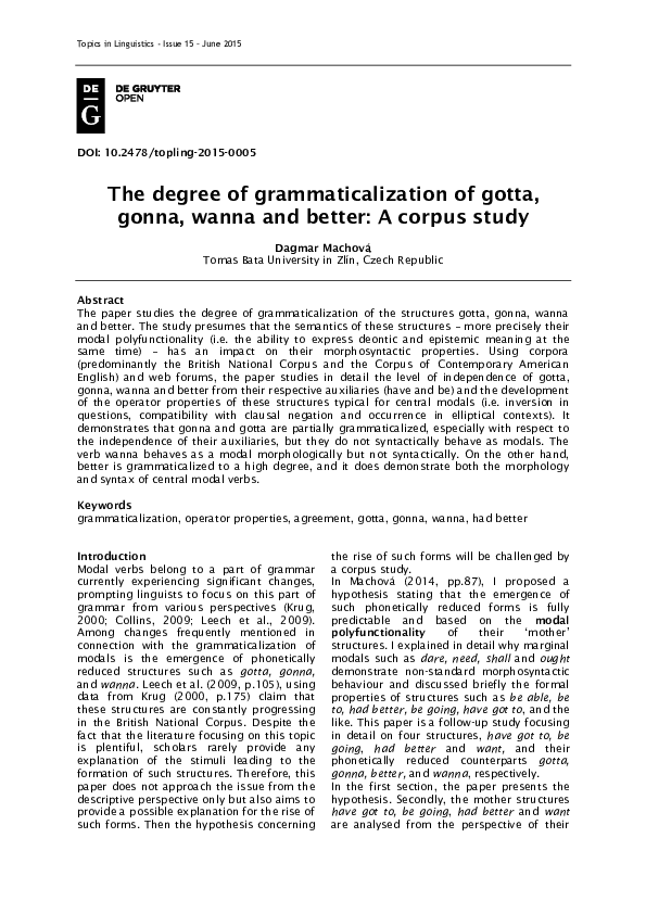 (PDF) The degree of grammaticalization of gotta, gonna, wanna and better: A corpus study