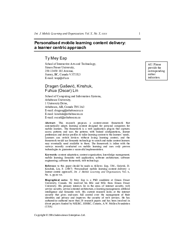 (PDF) Personalised mobile learning content delivery: a learner centric approach