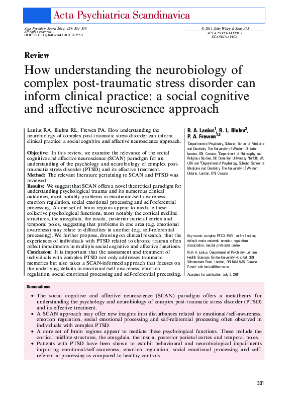 (PDF) How understanding the neurobiology of complex post-traumatic stress disorder can inform ...