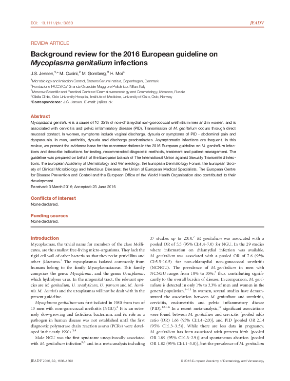 (PDF) Background review for the 2016 European guideline on Mycoplasma genitalium infections