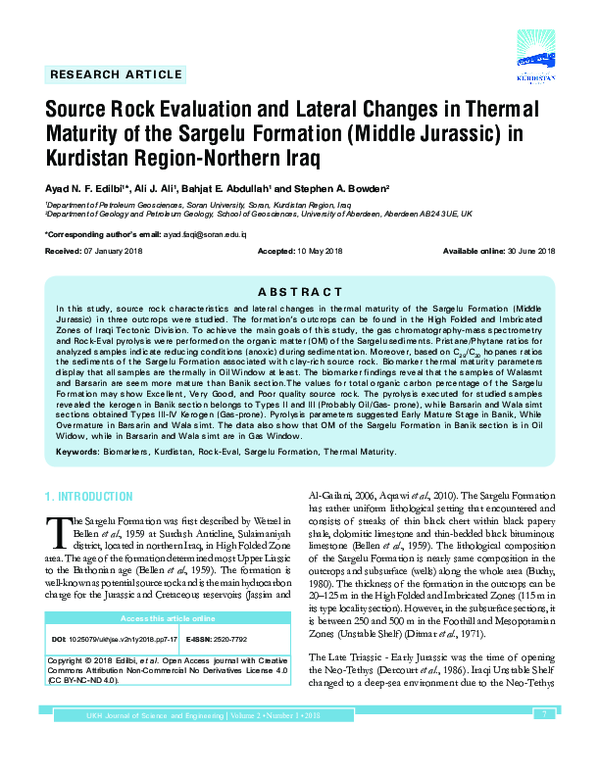 (PDF) Source Rock Evaluation and Lateral Changes in Thermal Maturity of the Sargelu Formation ...