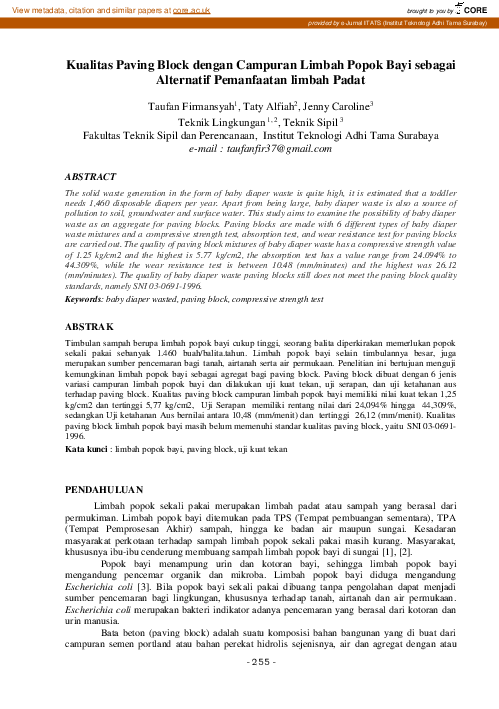 (PDF) Kualitas Paving Block dengan Campuran Limbah Popok Bayi sebagai Alternatif Pemanfaatan ...