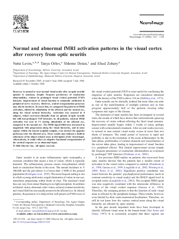(PDF) Normal and abnormal fMRI activation patterns in the visual cortex after recovery from ...