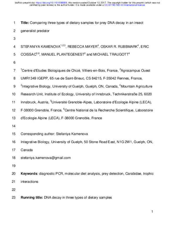 (PDF) Comparing three types of dietary samples for prey DNA decay in an ...