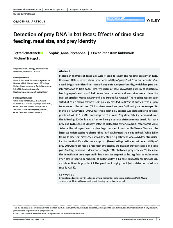 (PDF) Detection of prey DNA in bat feces: Effects of time since feeding ...