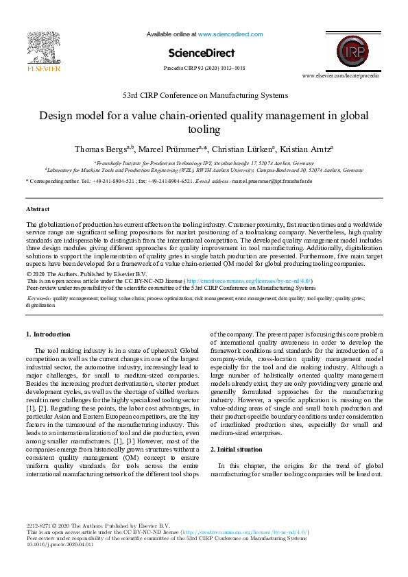 (PDF) Design model for a value chain-oriented quality management in global tooling