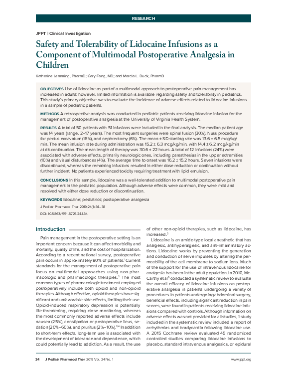 (PDF) Safety and Tolerability of Lidocaine Infusions as a Component of ...