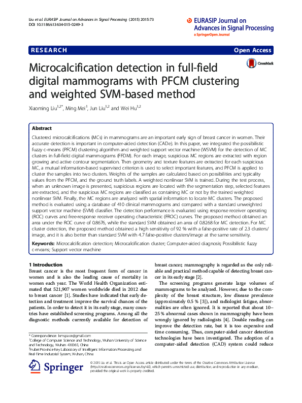 Pdf Microcalcification Detection In Full Field Digital Mammograms With Pfcm Clustering And