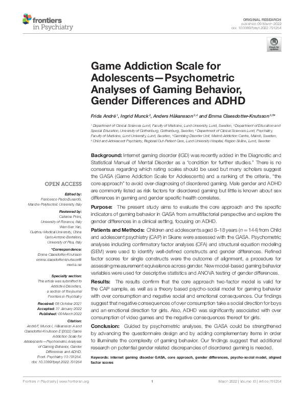 (PDF) Game Addiction Scale for Adolescents—Psychometric Analyses of Gaming Behavior, Gender ...