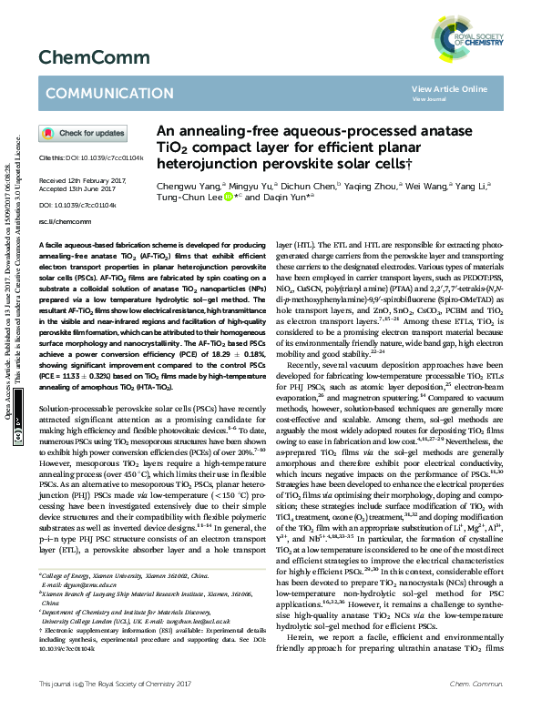 (PDF) An annealing-free aqueous-processed anatase TiO2 compact layer for efficient planar ...