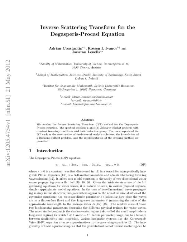 (PDF) Inverse scattering transform for the Degasperis–Procesi equation | Rossen Ivanov ...