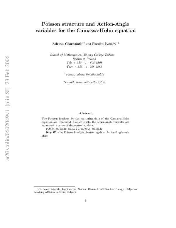 (PDF) Poisson Structure and Action-Angle Variables for the Camassa–Holm Equation
